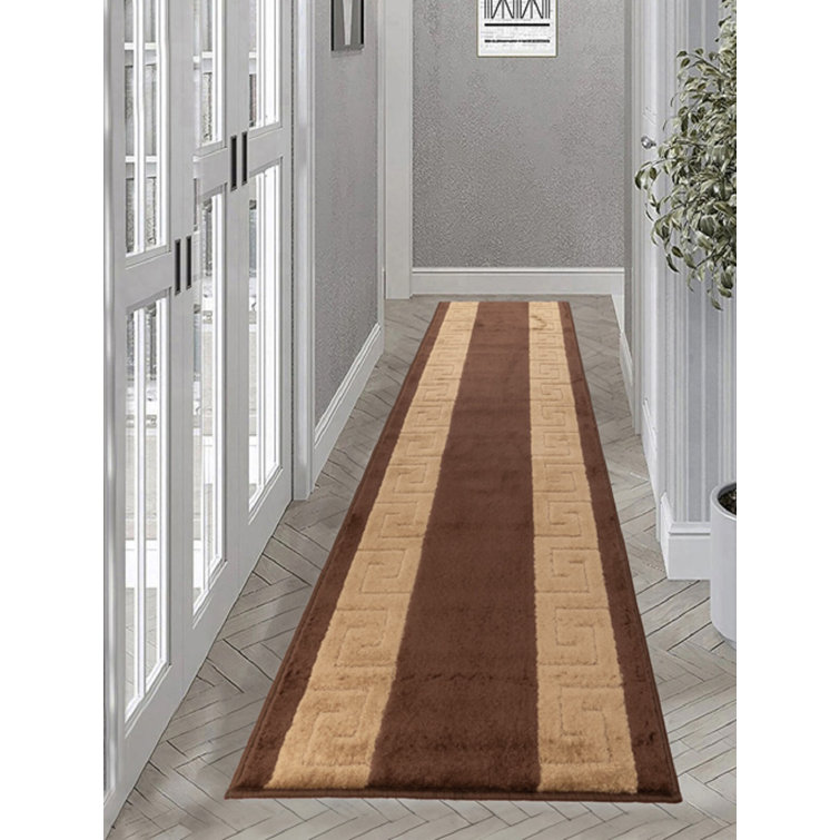 Mercer41 Custom Size Washable Non-Slip Meander Greek Key Bordered Brown & Beige Colour Soft Pile ...